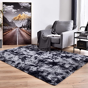 Temedara 3x5 Feet Area Rug,Non-Slip Shag Rugs for Bedroom,Small Fluffy Plush Rugs for Living Room,Tie-Dyed Dark Grey Shaggy College Dorm Room Rug,Modern Fuzzy Carpet for Kids Boys Room