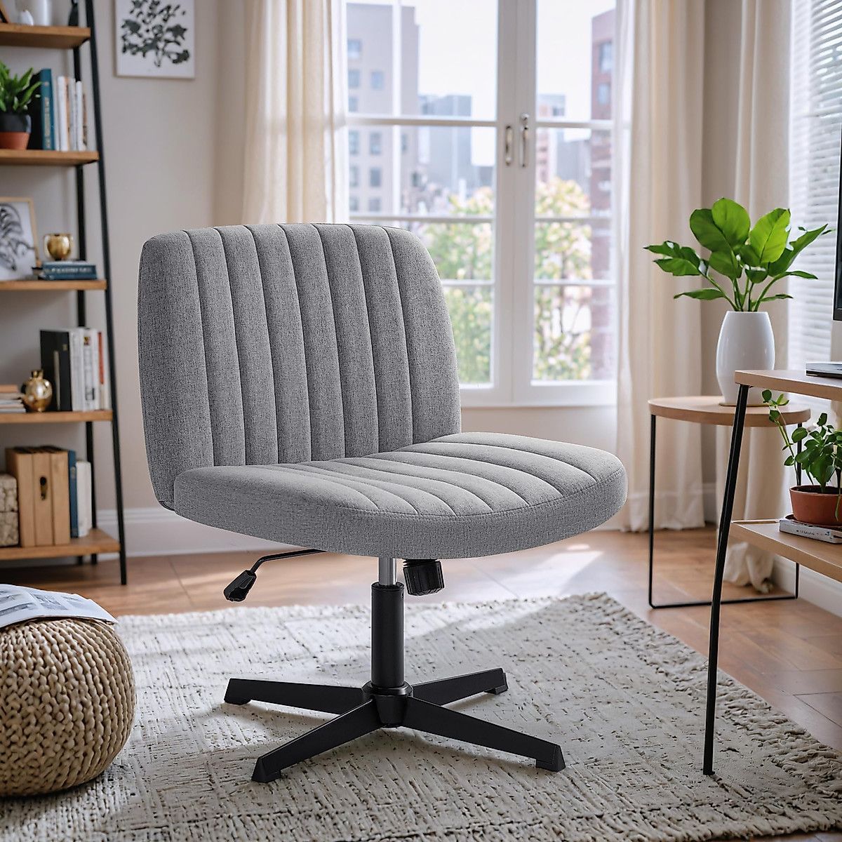 YESHOMY Cross Legged Armless Wide Adjustable Swivel Padded Linen Fabric Home Office Desk Chair No Wheels, Set of 1, Light Grey