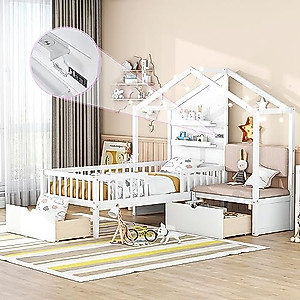 BIADNBZ Wooden Twin Size House Bed with Upholstered Sofa, House Bedframe with Charging Station, Wireless&Charging, Shelves and Two Drawers for Boy/Girl/Bedroom,White