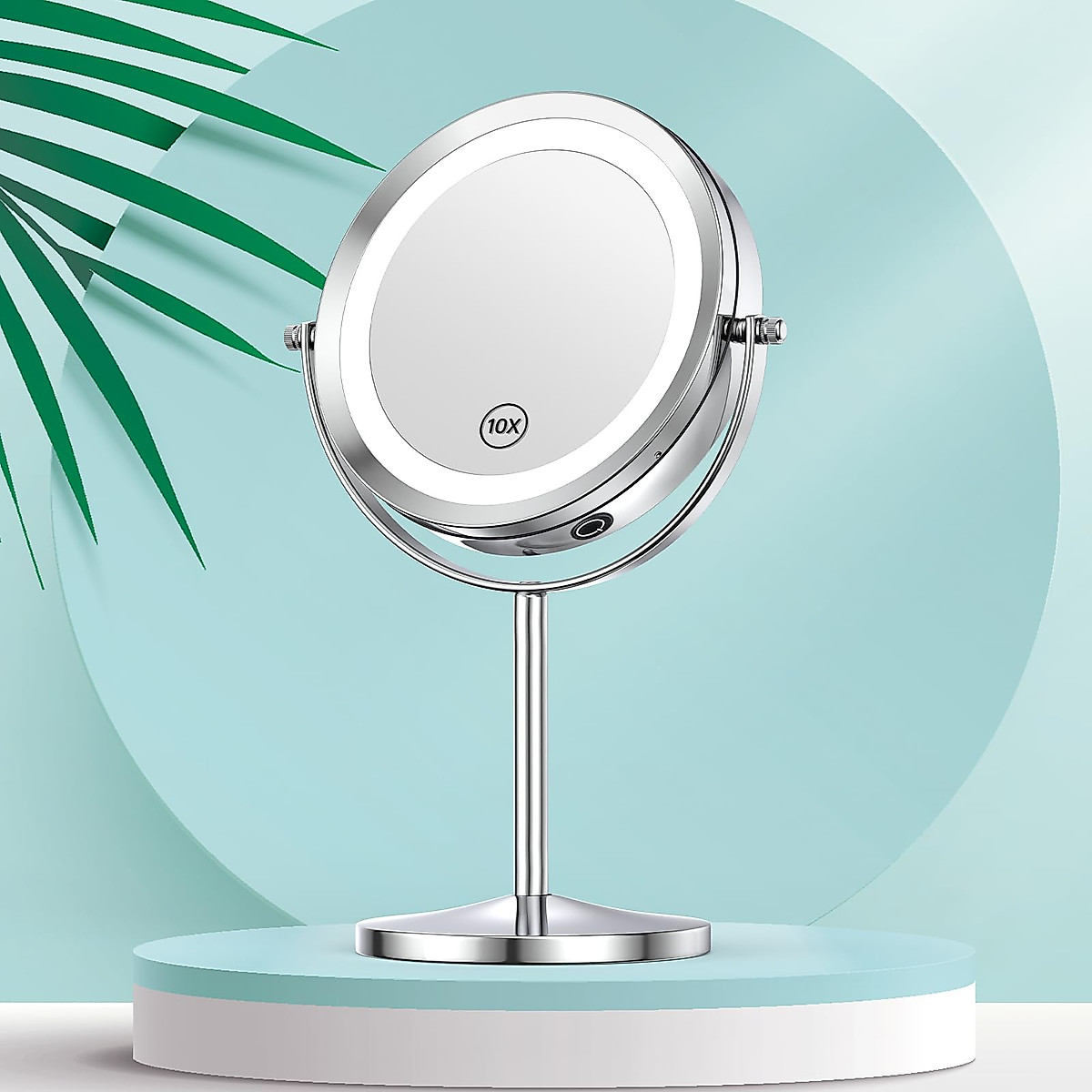 Benbilry Lighted Makeup Mirror with Lights and Magnification 10X/1X, Double Sided 360° Swivel 7" LED Dimmable Vanity Mirror with Touch Control Switch, Battery Operated Cordless Standing Shaving Mirror