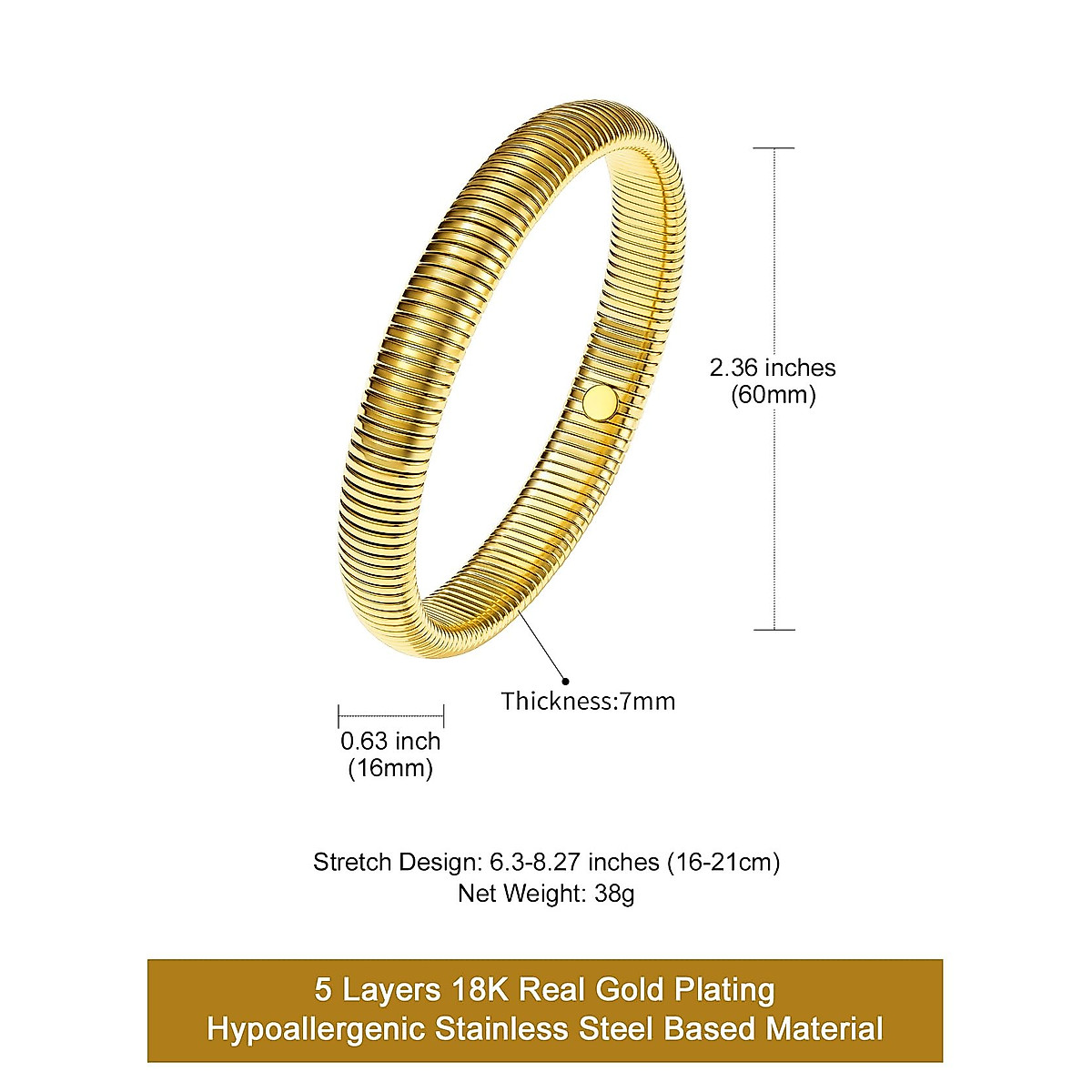 KeyStyle Gold Bangles for Women Thin Stretch Bracelets, High Polished Snake Link Flexible Bangle Bracelet (10mm wide)