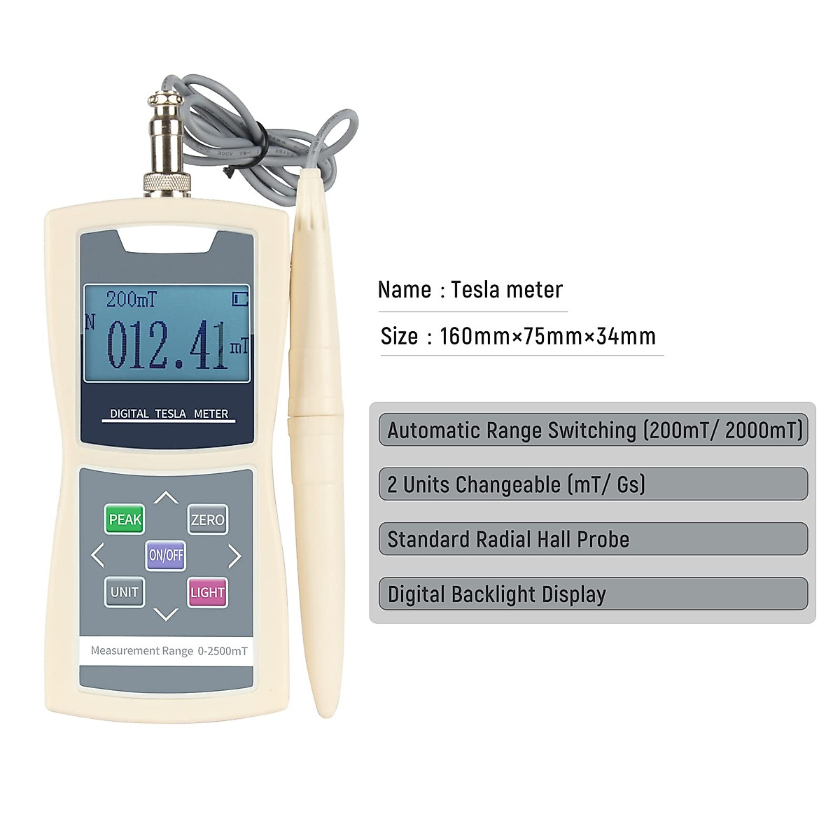 HOJILA Tesla Meter Gaussmeter Surface Magnetic Field Tester Measuring Range 0-2400mT (24000Gs)