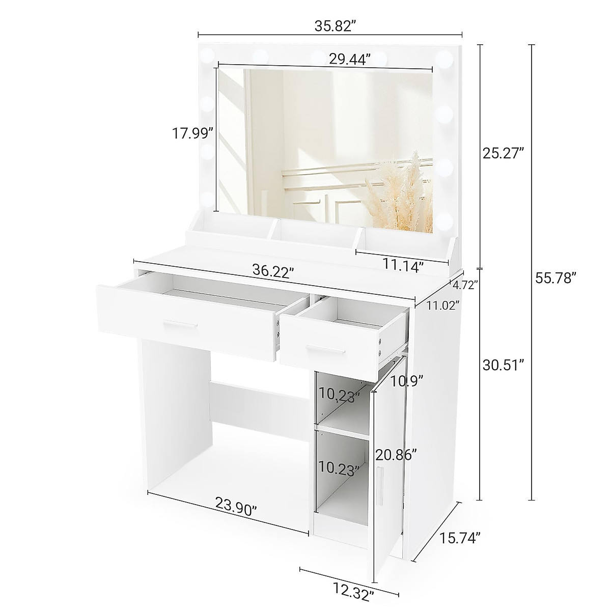Likein Vanity Desk with Mirror and Lights, Makeup Vanity Desk with Lights, Modern Dressing Table with Charging Station 2 Drawers & Cabinet for Girls Women