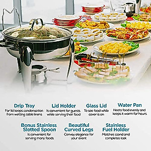6 Quart Round Stainless Steel Chafing Dish with Bonus Slotted Spoon and Drip Tray for Lid | Keeps linens Dry | for Wedding, Graduation, Events, Parties | Sterno Holder…