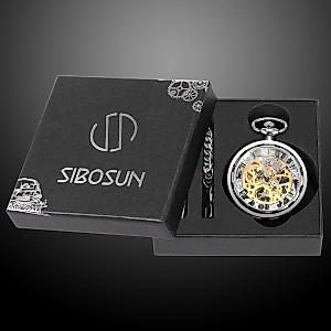 SIBOSUN Steampunk Transparent Open Face Pocket Watch for Men Women Silver Skeleton Dial with Chain + Box