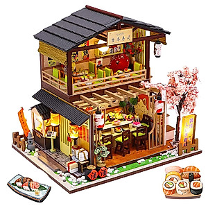 SYW DIY Miniature Dollhouse Kit with Furniture and LED Light，Japanese Sushi Shop Wooden Dollhouse, 1:24 Scale Creative Doll House Toys for Teen