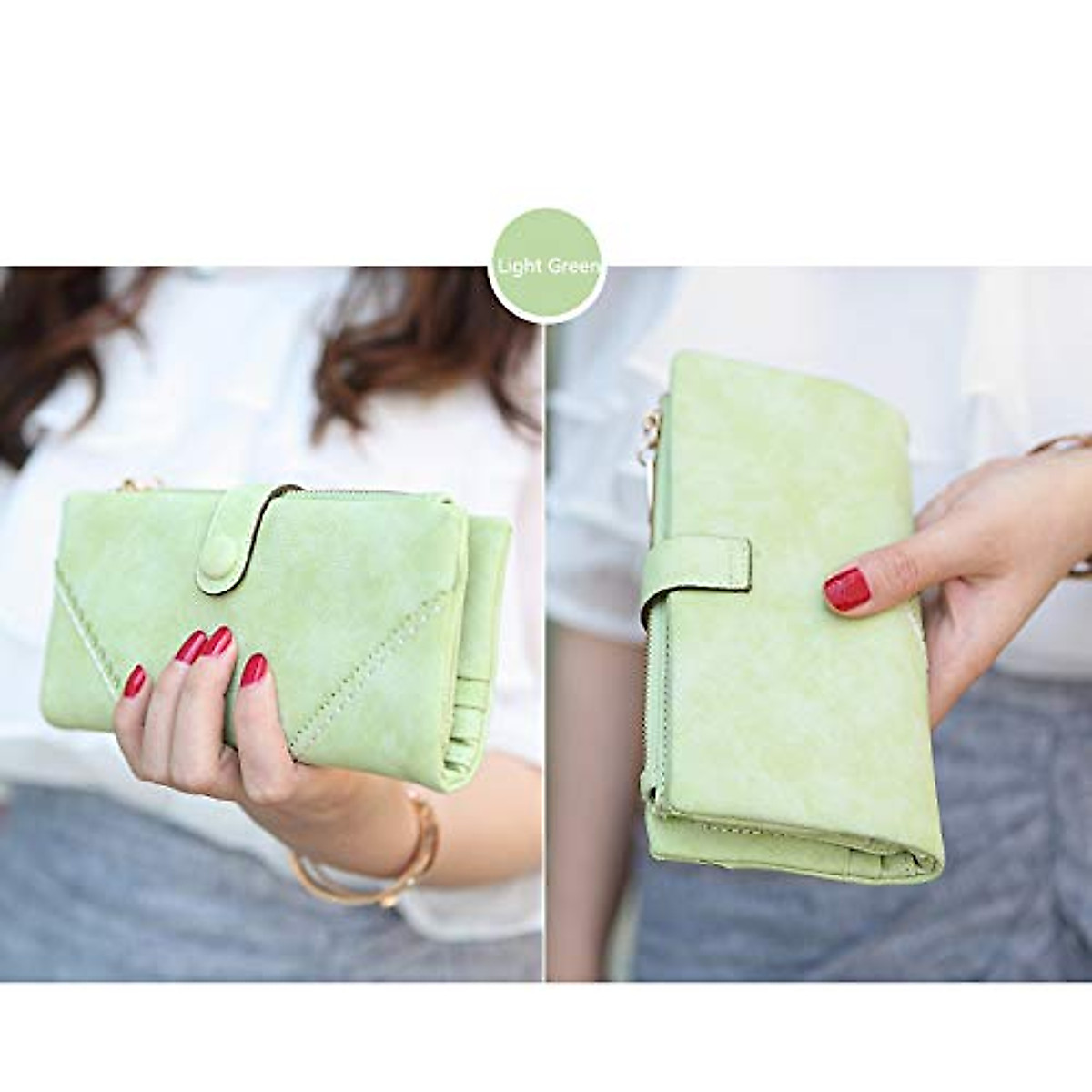 Women Vegan Leather Wallet Bifold Clutch Large Capacity Card Organizer Buckle Long Purse for Girls Candy Color (Light Green) …