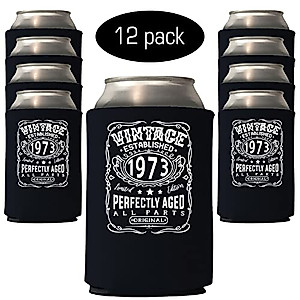 Veracco Vintage Established 1973 Perfectly Aged Can Coolie Holder 50th Birthday Gift Fifty and Fabulous Party Favors Decorations (12, Black)