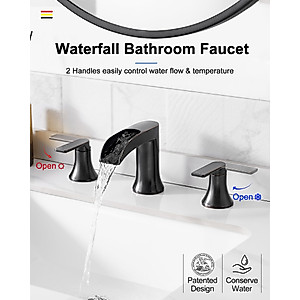HOIGY Waterfall Faucet Brass Bathroom Sink Faucet 3 Hole, Oil Rubbed Bronze Faucet for Bathroom Sink 2 Handle, Widespread 8 Inch Vanity Faucet Farmhouse Bathroom Faucets with Pop Up Drain Water Hose
