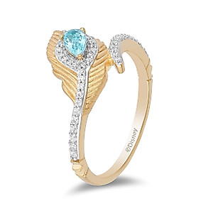 Jewelili Enchanted Disney Fine Jewelry 10K Yellow Gold 1/6 Cttw Diamond and Swiss Blue Topaz Jasmine Peacock Feather Ring Size 8