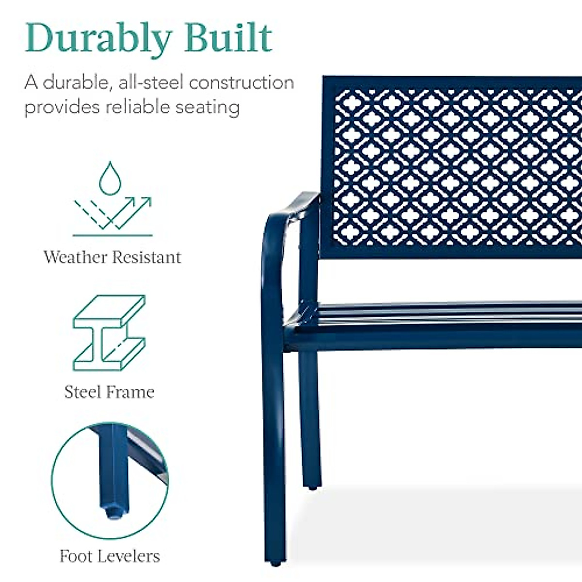 Best Choice Products Outdoor Bench 2-Person Metal Steel Benches Furniture for Garden, Patio, Porch, Entryway w/Geometric Backrest, 790lb Capacity - Peacock Blue
