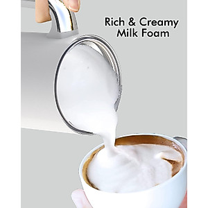 LONGDEEM Milk Frother, 4-in-1 Electric Milk Foamer with Cold & Hot Froth for Latte Cappuccino - Automatic Coffee Foam Maker, Stainless Steel, 10 oz/5 oz, Non-Stick Coating with Auto Shut-Off, White