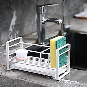 MyGift Modern Matte White Metal Kitchen Sink Sponge Holder and Accessory Rack with Removable Drainage Tray