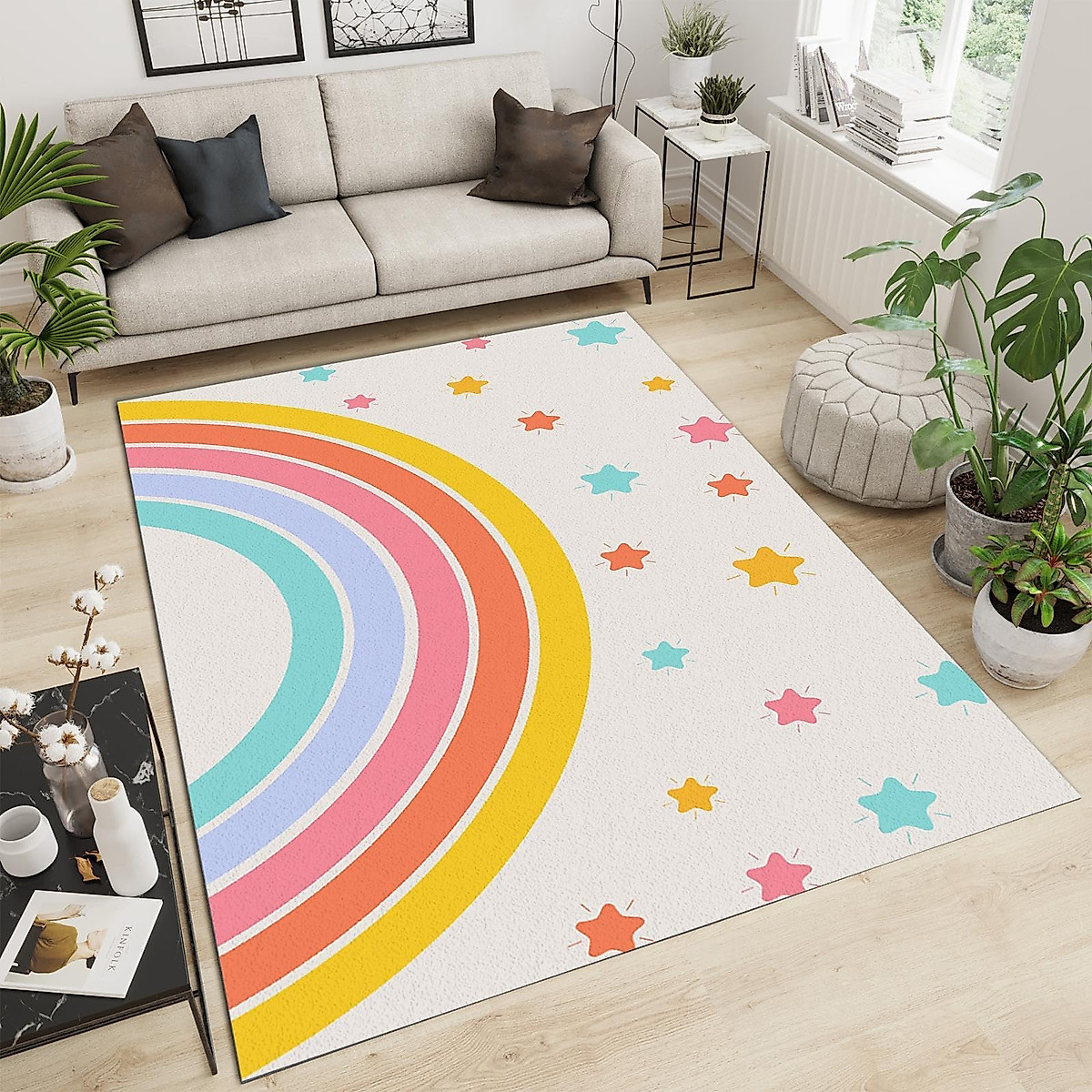 BOWESI Area Rugs 3x5ft, Modern Cartoon Art Kids Rugs, Cute Nordic Rainbow Stars Princess Room Bedroom Rug, Fluffy Soft for Decor Teen Boys Room Floor Lounge Nursery