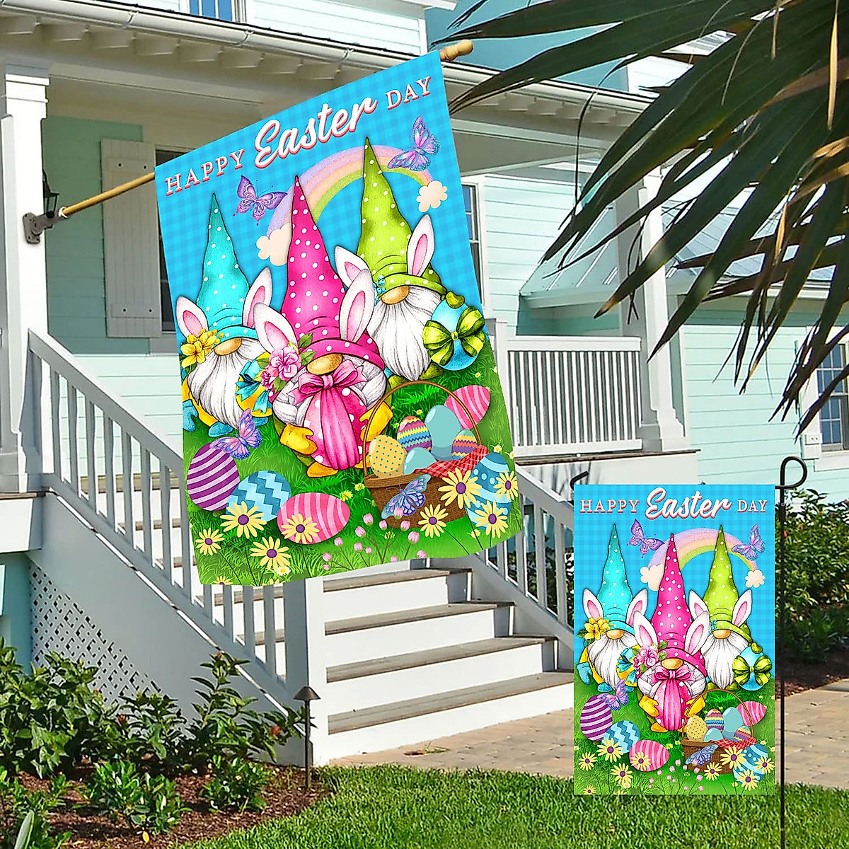 Q-Leo Easter Flag, Set 2 House Flag 28 X 40 And Garden Flag 12 x 18 Double Side, Small Garden Flags Decorations For Outside, Yard Outdoor Decor With 3 Gnones and Happy Easter day Signs