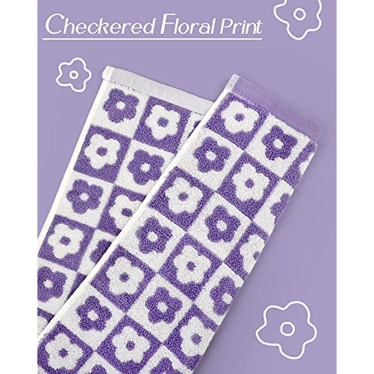Cotton Face Towels Set of 4 - Checkered Floral Bathroom Hand Towels for Everyday Use, 29” x 13” Lilac