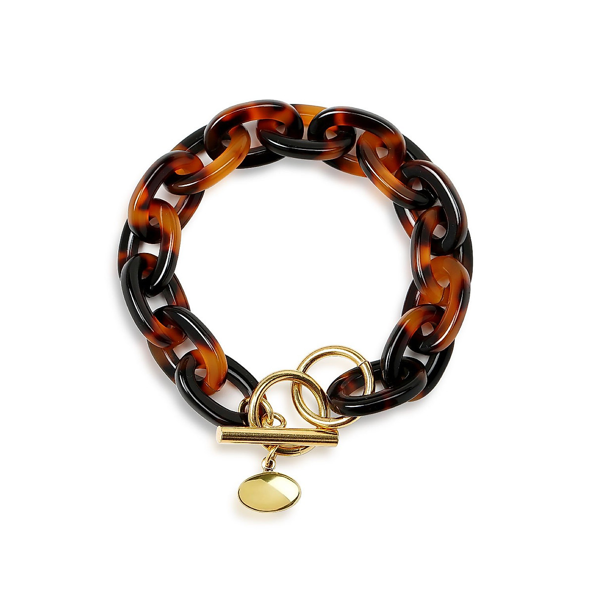 Bling Jewelry Fashion Statement Brown Golden Acrylic Marbled Leopard Tortoise Shell Oval Chain Link Bracelet for Women Teen Yellow Gold Plated Stainless Steel Adjustable Toggle Closure