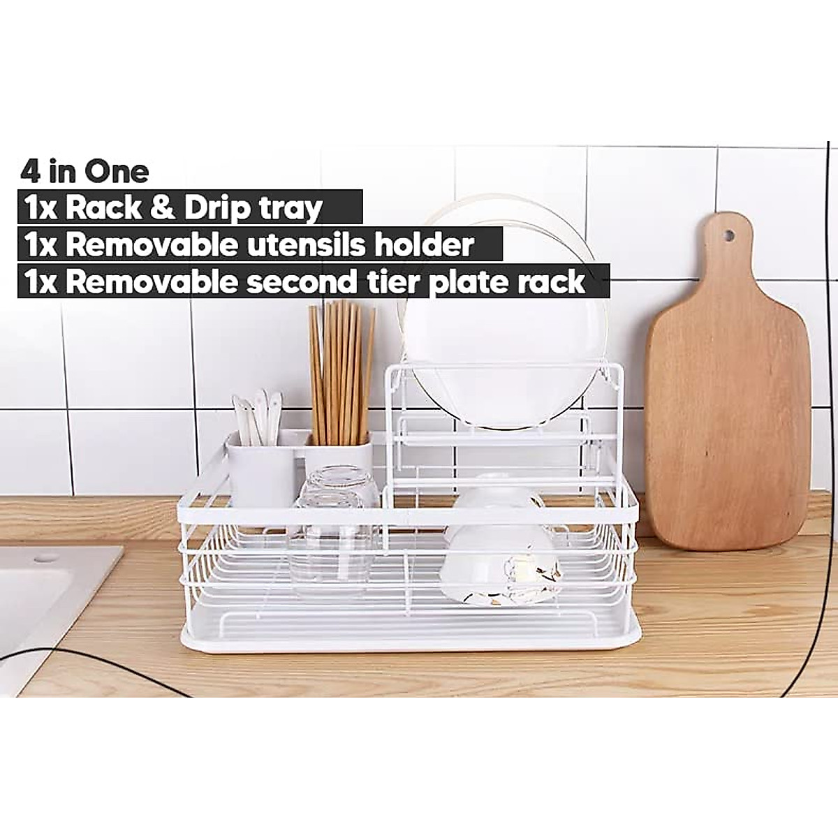 Mnml Home Dish Drying Rack for Kitchen Counter – Large Dish Rack & Drainboard Set - Dish Drainer for Sink – Dishwasher Rack Kitchen Storage with 4 Different Pieces & Tier Material (White)