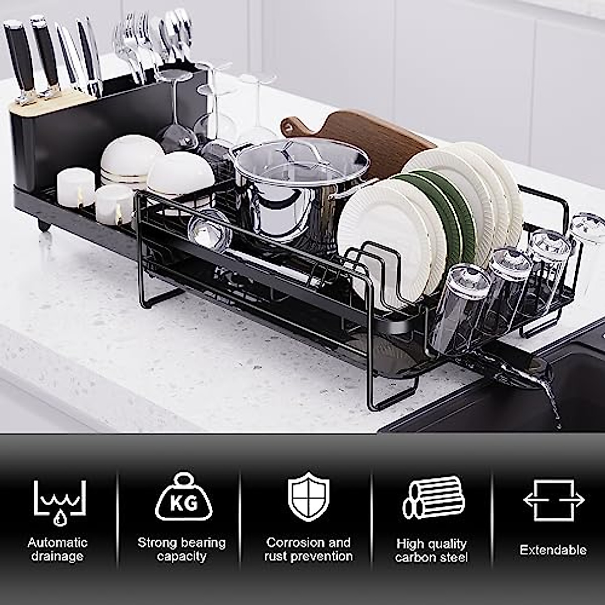 Runnatal Large Dish Drying Rack with Drainboard Set, Extendable Dish Rack, Utensil Holder, Cup Holder, Expandable Dish Drainer for Kitchen Counter