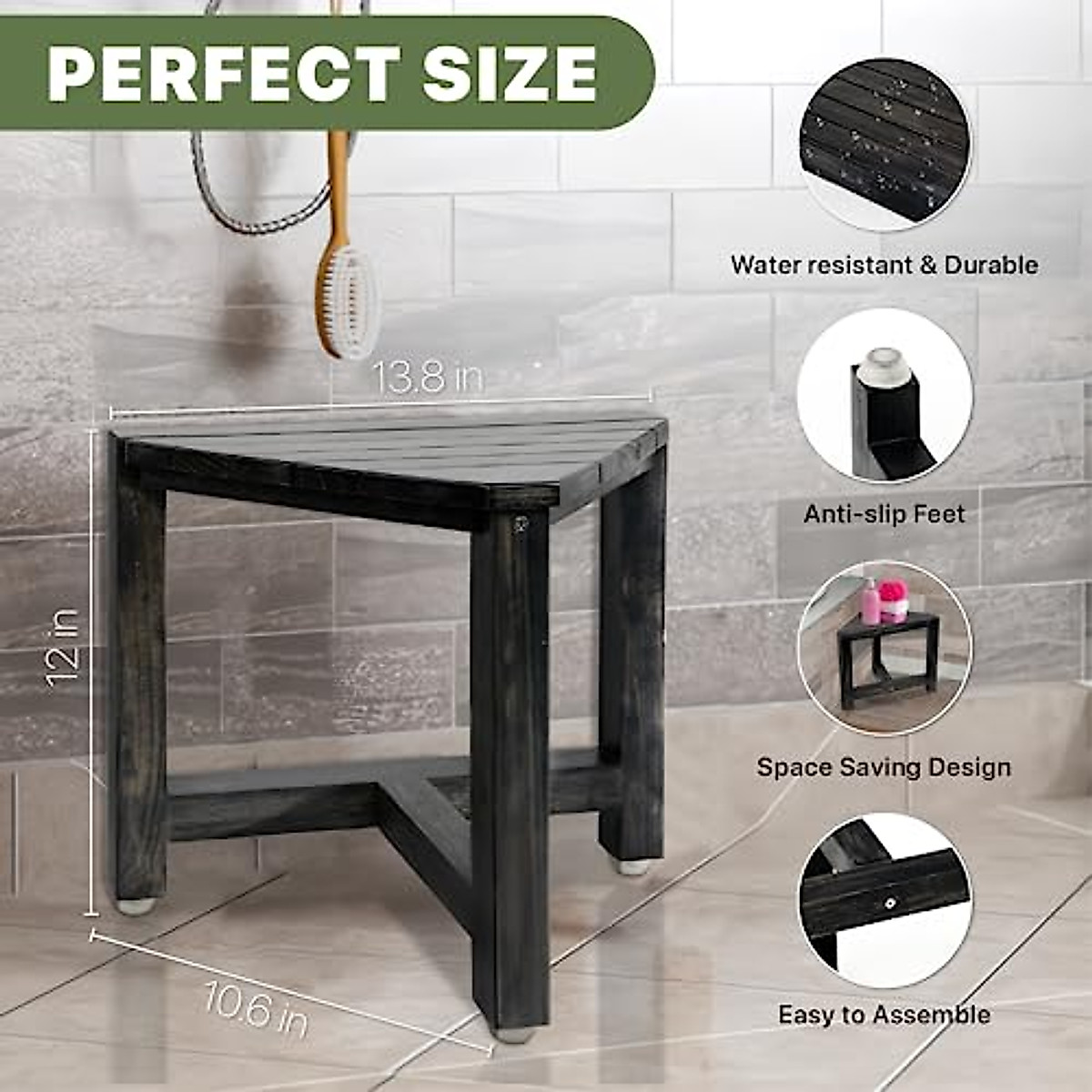 Shower Foot Rest 12 in - Shower Seat for Inside Shower - Shower Bench, Shower Stool for Shaving Legs, Corner Stool Suitable for Small Shower Spaces - Rustic Black