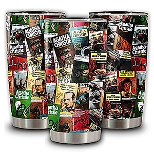 DOINB TIAN Insulated Tumbler Hercule Vintage Agatha Christie Book Covers Collage Literary Stainless Steel Coffee Cup 20 Oz Vacuum Tumblers Travel Mug, White, 20, 30oz