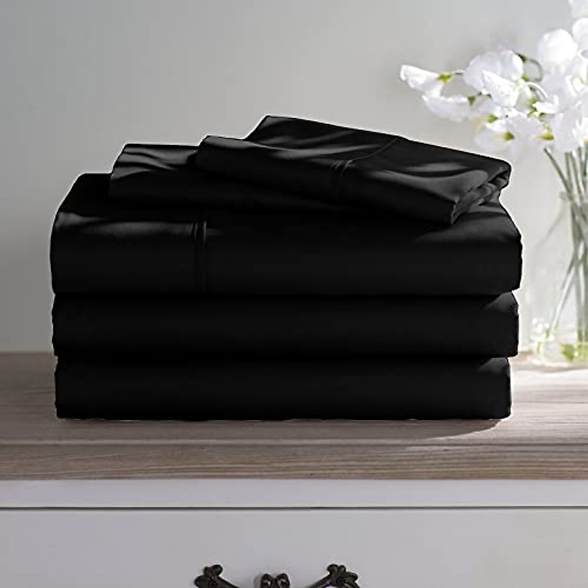 Split Queen Sheets Sets for Adjustable Bed, Soft 100% Egyptian Cotton 400-Thread-Count, Sateen Weave, 5PC Set with 2 Fitted Sheets, Split-Queen Sheet Set 15-Inch Deep Pockets, 400-TC - Black Solid