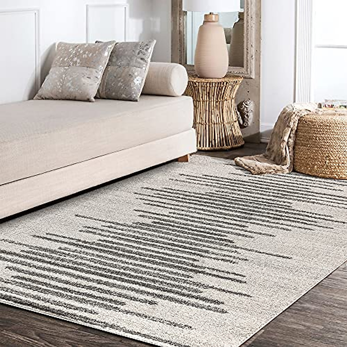 JONATHAN Y MOH205A-8 Aya Berber Stripe Geometric Indoor Farmhouse Area-Rug Bohemian Minimalistic Striped Easy-Cleaning Bedroom Kitchen Living Room Non Shedding, 8 X 10, Cream,Gray