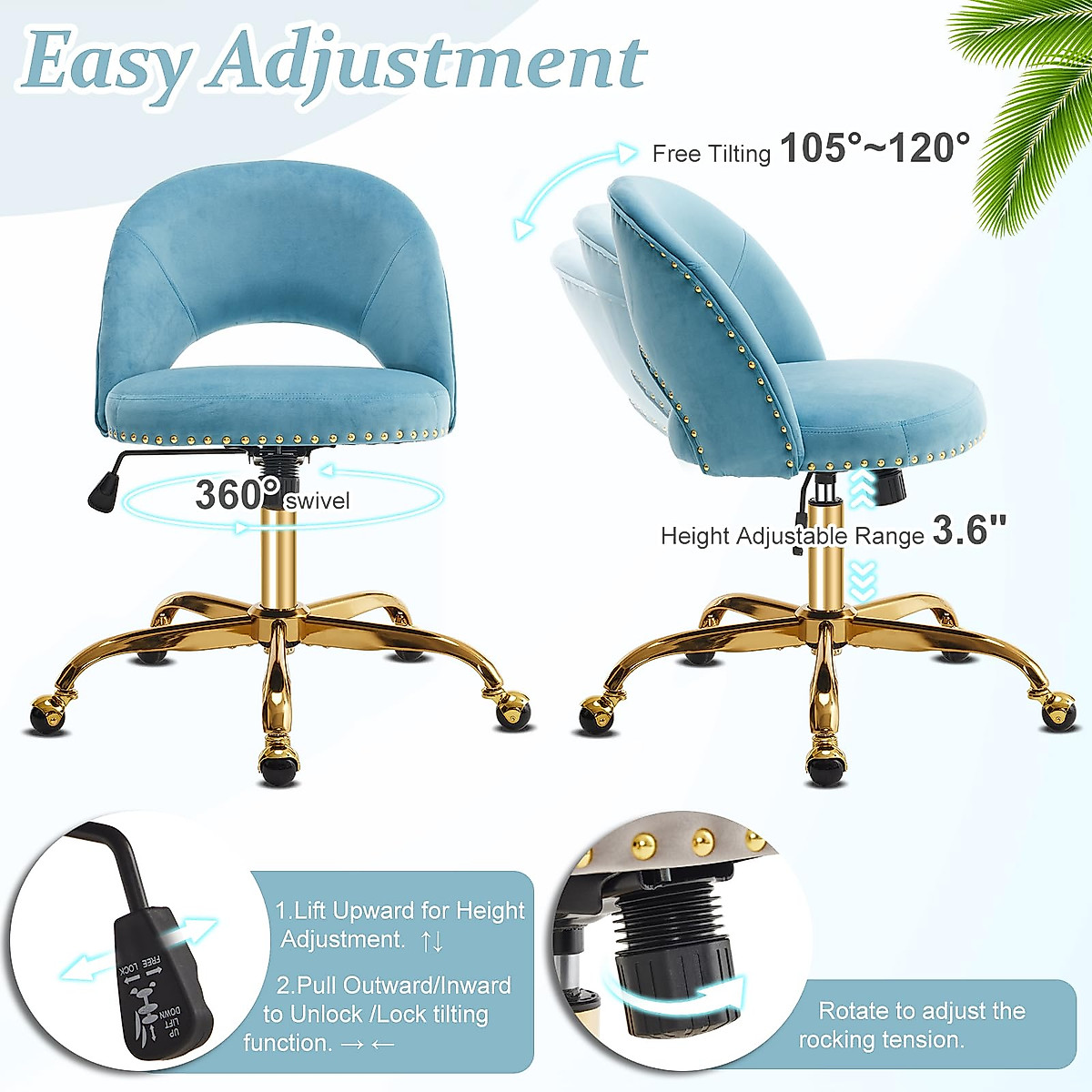 VINGLI Modern Velvet Small Office Chair,Cute Desk Chair with Wheels,Gold Base/Studs, Comfy Armless Swivel Vanity Task Chair for Women/Girl/Kids, Nail Tech Chair for Bedroom,Small Space,Cruising Blue