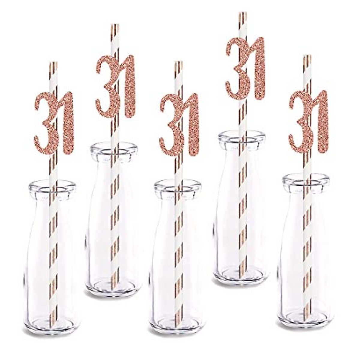 Rose Happy 31st Birthday Straw Decor, Rose Gold Glitter 24pcs Cut-Out Number 31 Party Drinking Decorative Straws, Supplies