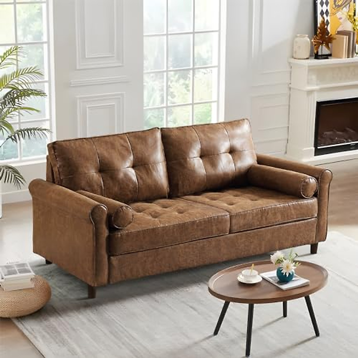 JEEOHEY Small Couch, 64 Inch Mid-Century Modern Faux Leather Upholstered Loveseat Sofa Furniture for Small Space, Living Room, Bedroom, 2 Throw Pillows, Rolled Arm, Comfy Seat & Back Cushion, Brown