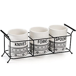 Bekith 3-Piece Ceramic Silverware Caddy with Metal Rack, Utensil Holder Flatware Caddy Cutlery Storage Organizer for Kitchen Table, Cabinet or Pantry, White