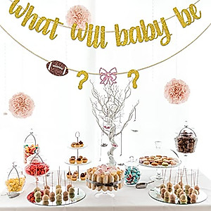 Dalaber What Will Baby Be Banner, Footballs or Bows Bunting Banner for Baby Shower Gender Receal Party Decoration, Boy or Girl/He or She/Brother or Sister Gender Reveal Party Supplies