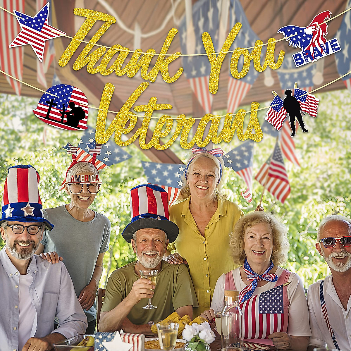 Veterans Day Banner, Thank You Veterans Glitter Letter Banner Cardstock Paper Garland Patriotic Party Decorations