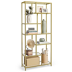 VASAGLE Bookshelf, 6-Tier Tall Bookcase, Display Shelf, Plant Stand, 11.8 x 31.5 x 70.9 Inches, Tempered Glass, for Study, Office, Living Room, Bedroom, Kitchen, Metallic Gold ULGT502A01