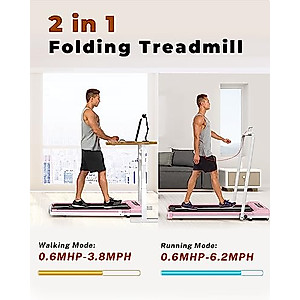 Dskeuzeew Under Desk Treadmill Walking Pad with Bluetooth&Remote, 2-in 1 Electric Treadmill Running Jogging Machine Max 265lb(Pink&White-Handle)