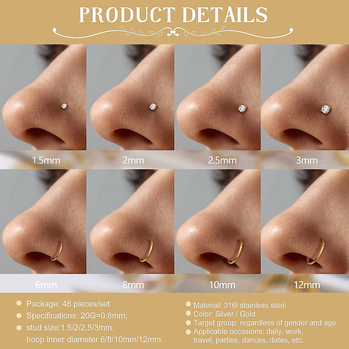 FINREZIO 48PCS 20G Surgical Steel Nose Rings Hoop Studs Cartilage Earrings Body Piercing Jewelry 1.5mm 2mm 2.5mm 3mm CZ 6mm-12mm Hoop 3 Colors (gold tone)