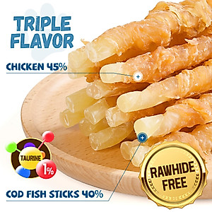 Chicken Wrapped Cod Sticks Dog Treats, Rawhide Free Dog Chewy Natural Training Rewards Snacks Dog Treats for Small Medium Large Dogs 15-17 Counts