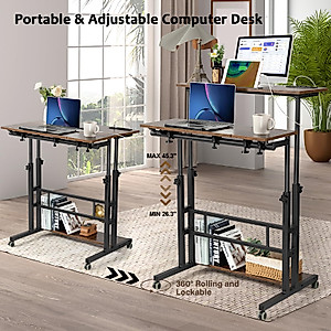 Hadulcet Mobile Standing Desk Adjustable Height, Rolling Desk Stand Up Desk, Mobile Laptop Desk, Rolling Computer Desk with Charging Station, Portable Desk with Wheels, Rustic Brown