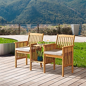 Bristol Acacia Wood Outdoor Double Seat Bench, Attached Table, Weather-Proof, Natural Finish, Porch, 60 in. W x 23 in. D x 35 in. H, Seat: 19 in. W x 17 in. D x 18 in. H, Table: 15 in. W x 18 in. D