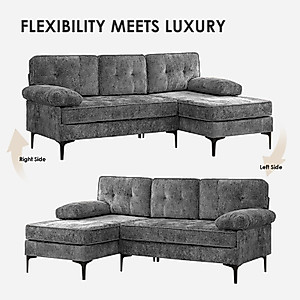 Siiejia Convertible Sectional Couch Sofa, 82" Chenille L Shaped Couch with Reversible Chaise, 3-Seat Comfy Couch Sofa Set for Living Room Apartment Small Space, Dark Grey