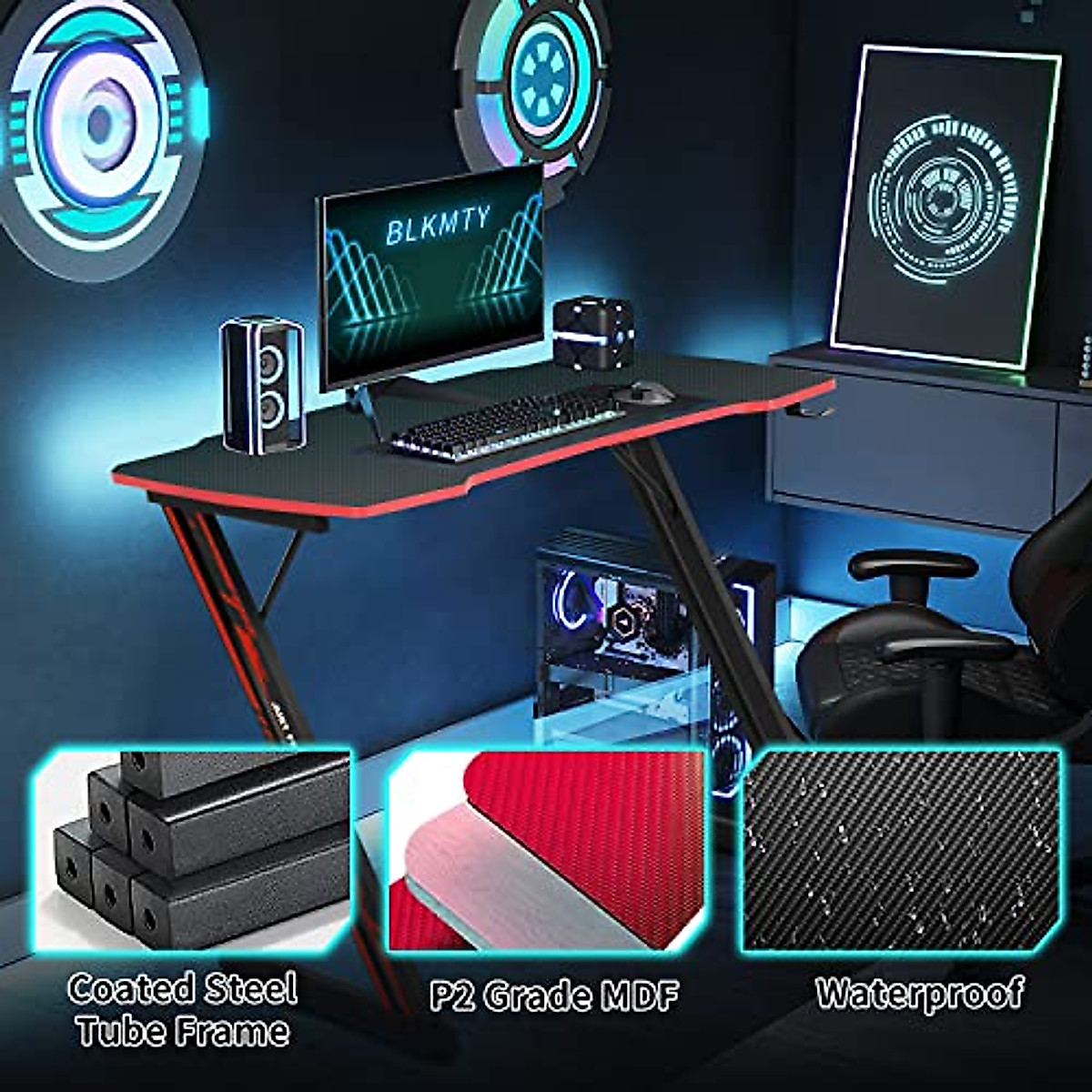 BLKMTY 47" Gaming Desk Z Shaped Gaming Desk Large Home Office Desks PC Computer Desk Workstation Study Desk Table Ergonomic Gamer Desk Wood Writing Desk with Headphone Hook for Game Player, Red