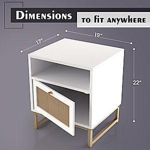 Our Modern Space Large Modern Rattan Nightstand | Boho Wood Accent Table with Storage Cabinet | Natural Light Wooden End Table - White