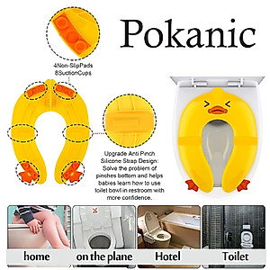 POKANIC Toilet Potty Training Seat Cover, Travel Toilet Seat, Folding Non Slip Silicone Pads, Travel Portable Reusable Kids Toddlers Boys Girls, Carry Bag (Yellow - Duck)