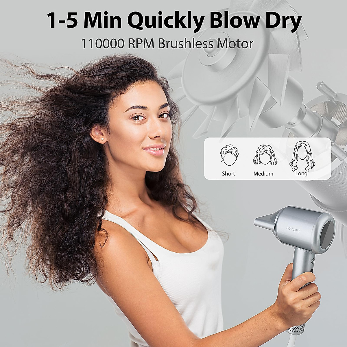 LOVEPS Hair Dryer with Diffuser, 110000 RPM Brushless Motor Ionic Blow Dryer, Portable Quiet Electric Hair Dryers Low Noise, Magnetic Nozzle, Fast Drying for Travel, Salon, Women Gifts - Silver