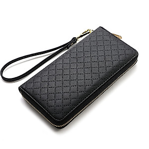 Wallets For Women Zipper Wristlet Clutch Wallet With Wrist Strap Ladies Long Purse Vegan Leather (Black)