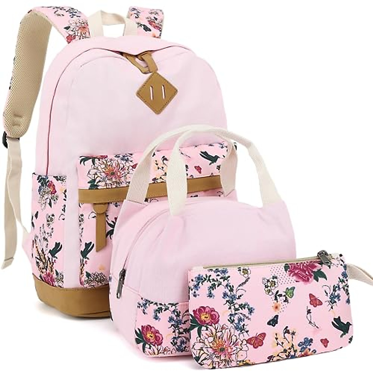 Leaper Floral Canvas Backpack Laptop Bag Daypack bag Lunch Bag Purse 3 in 1 Pink