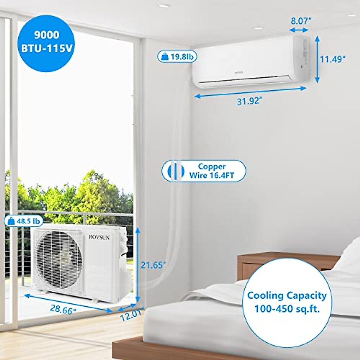 ROVSUN 9,000 BTU Mini Split AC/Heating System with Inverter, 19 SEER 115V Energy Saving Ductless Split-System Air Conditioner with Pre-Charged Condenser, Heat Pump, Remote Control & Installation Kit