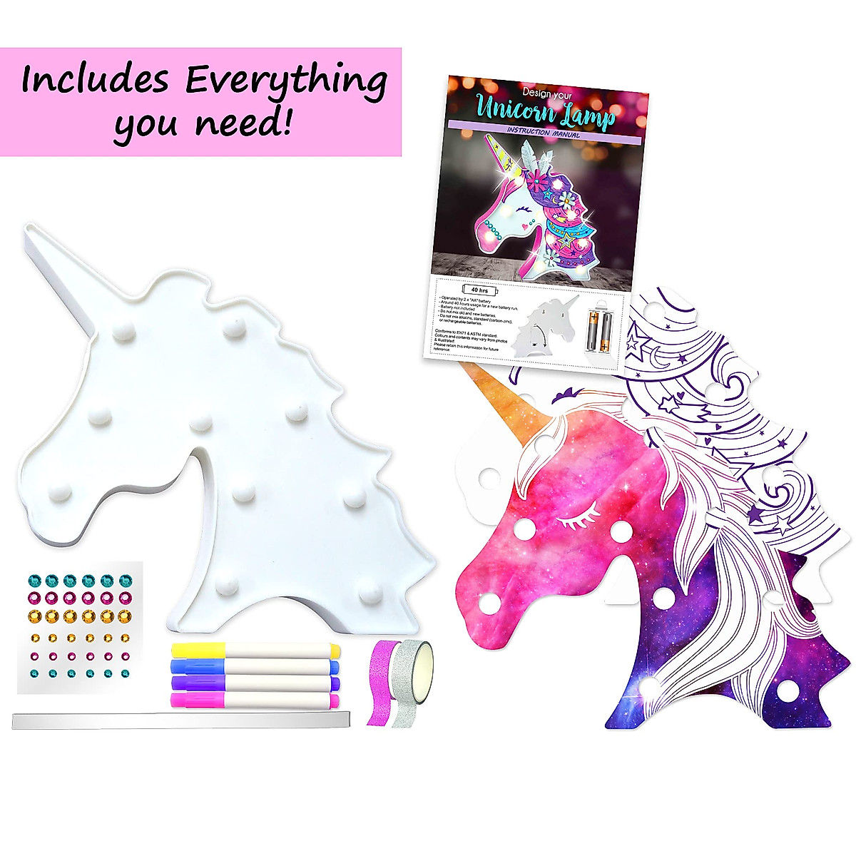 KRAFUN Easy DIY Unicorn LED Night Light Kids Lamp Kit for Girl Crafts – My First Beginner Arts and Crafts Gift, STEM STEAM Toys Painting Lamp with Marker for Age 5 6 7 8 9 10 11 12 Year Old
