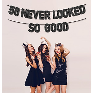 Pre-Strung 50 Never Looked So Good Banner for 50th Birthday Decorations, 50th Anniversary Decorations,50th Birthday Banner for 50th Party Decorations,Black Glitter