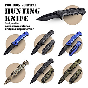 Pro Iron Assisted Opening Serrated Edge Outdoor Survival Camping Hunting Knife Stainless Steel Protective Black Oxide Coating Built-in Seat Belt Cutter and Carry Pocket Clip (Nature Camo)